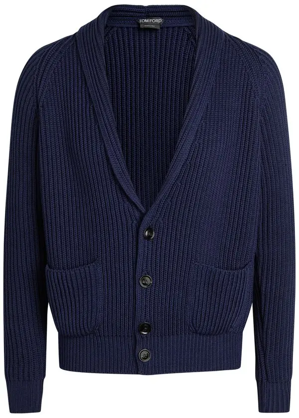 TOM FORD Shawl-collar Ribbed Cotton And Silk-blend Cardigan - Navy