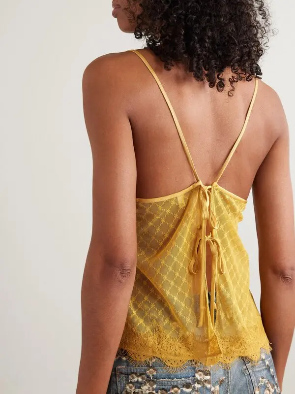 R13 Tie-detailed Lace And Crepon Camisole - Yellow