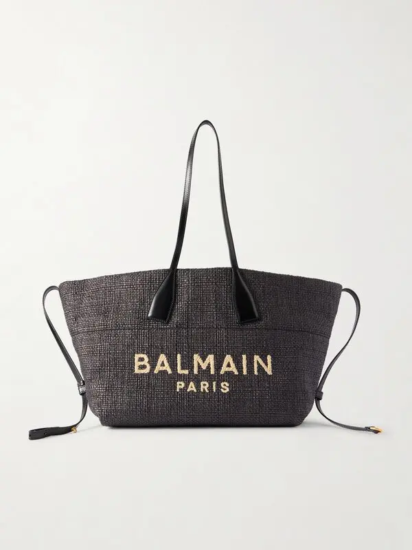 Balmain Leather-trimmed Raffia Track Tote