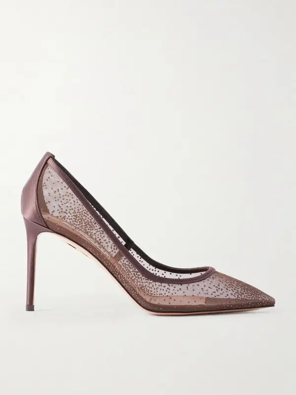 AQUAZZURA 85 Satin-trimmed Embellished Mesh Pumps - Brown
