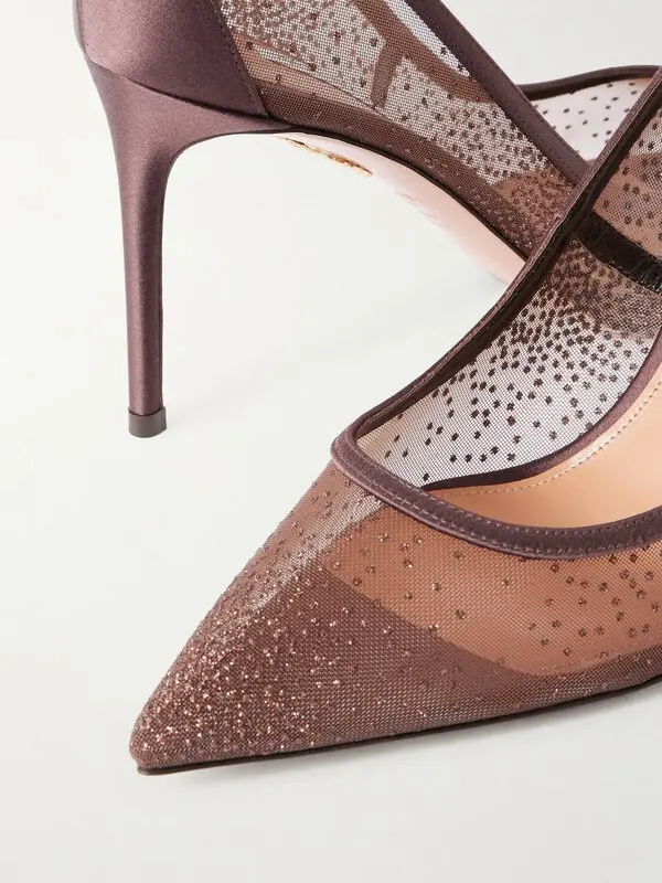 AQUAZZURA 85 Satin-trimmed Embellished Mesh Pumps - Brown