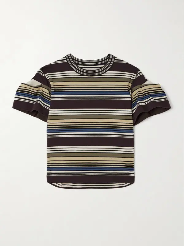 Sacai Piqué-paneled Pleated Striped Cotton T-shirt - Multi
