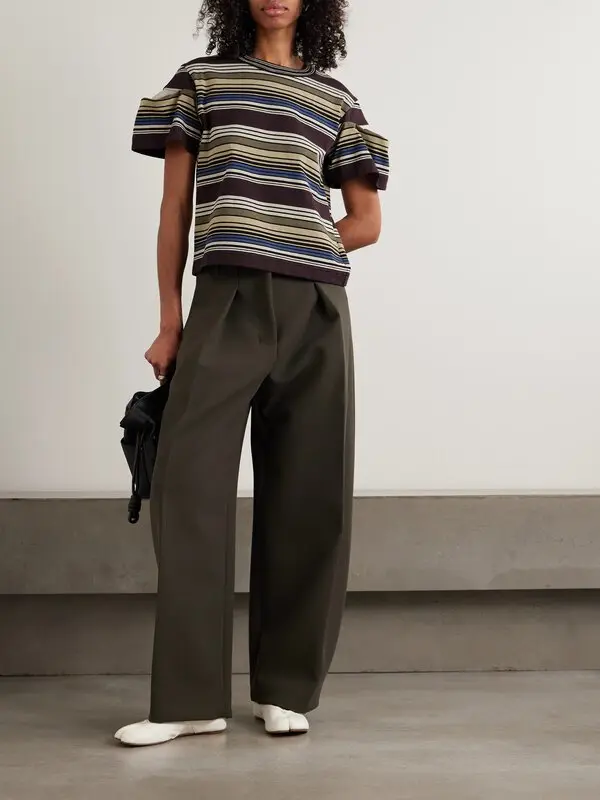 Sacai Piqué-paneled Pleated Striped Cotton T-shirt