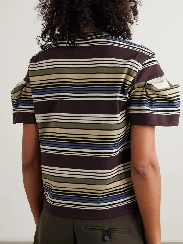 Sacai Piqué-paneled Pleated Striped Cotton T-shirt