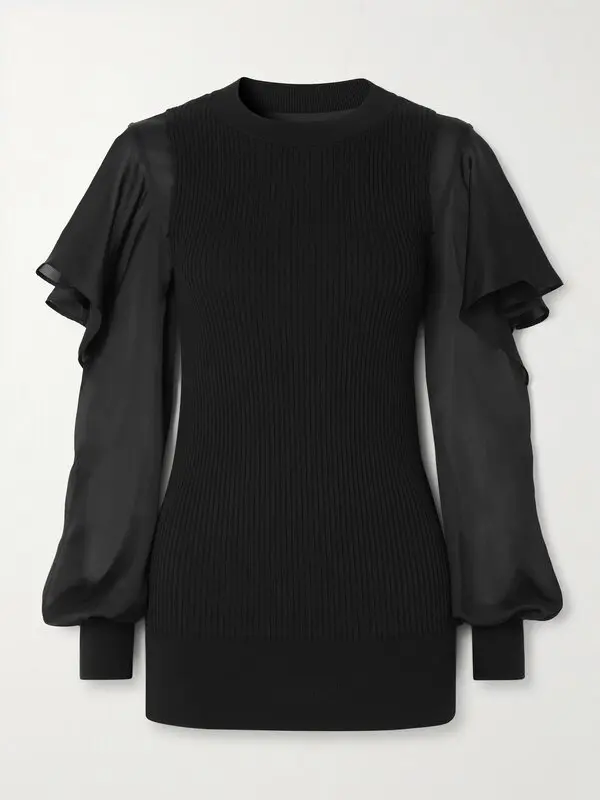 Sacai Ribbed Cotton And Ruffled Chiffon Top