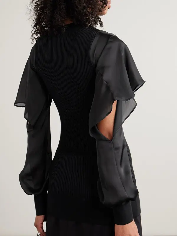 Sacai Ribbed Cotton And Ruffled Chiffon Top