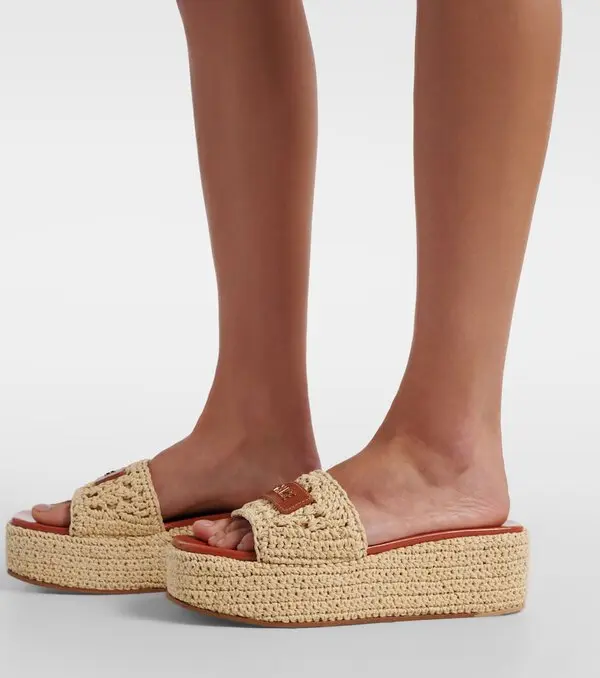 Versace Logo Raffia Platform Espadrille Slides - Beige