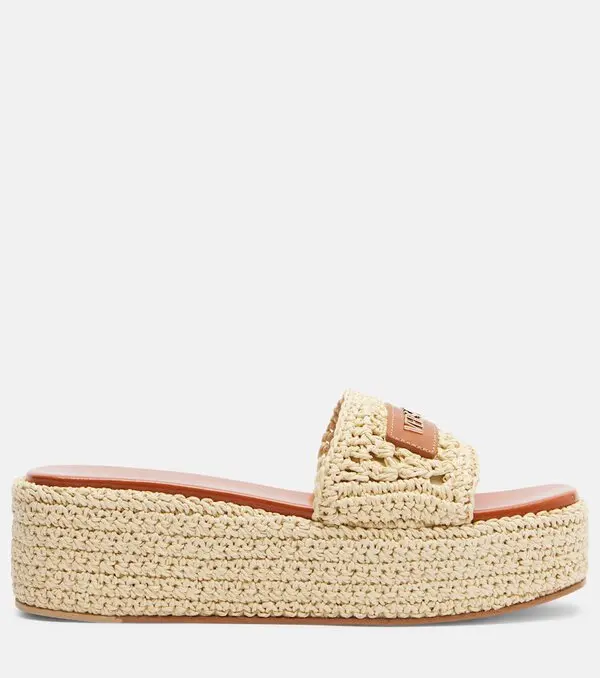 Versace Logo Raffia Platform Espadrille Slides - Beige