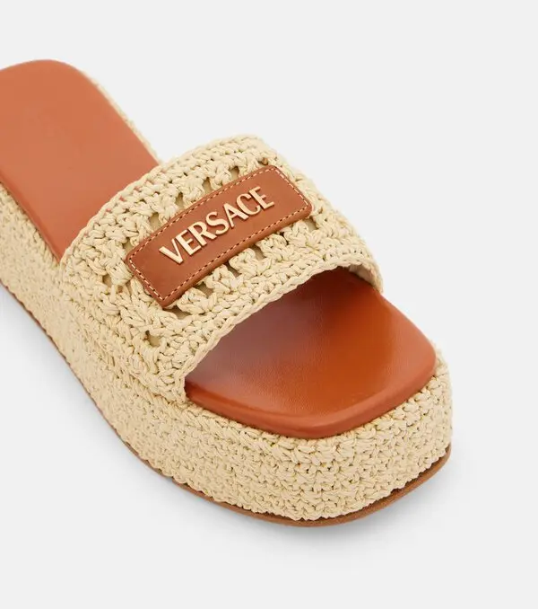 Versace Logo Raffia Platform Espadrille Slides - Beige