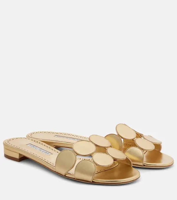 Manolo Blahnik Haribalmuflat Metallic Leather Slides - Gold