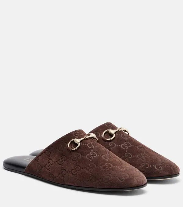 Gucci Horsebit Gg Suede Mules