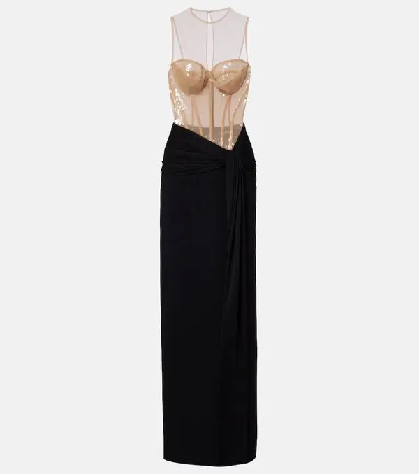 David Koma Sequined Paneled Bustier Gown