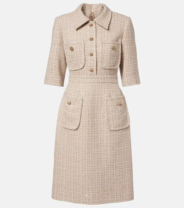 Elie Saab Sequined Tweed Midi Dress - Beige