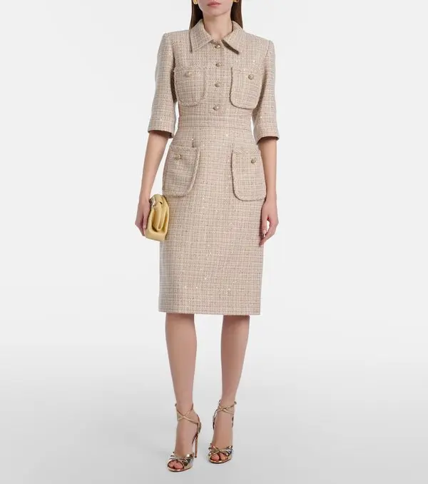 Elie Saab Sequined Tweed Midi Dress - Beige