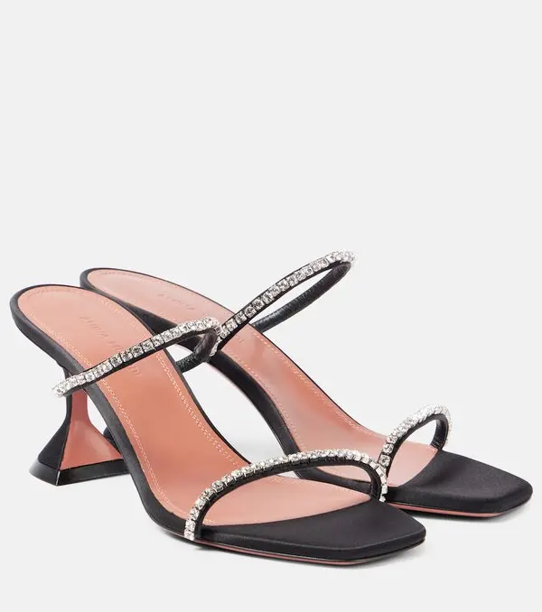 Amina Muaddi Gilda Embellished Satin Mules - Black