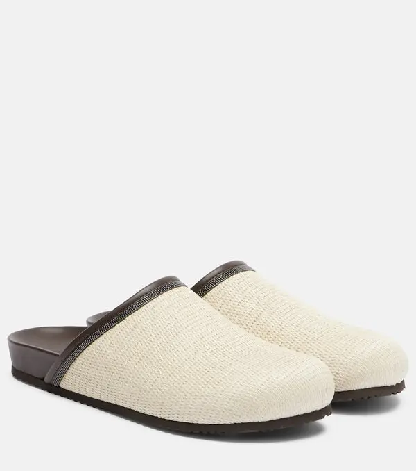 Brunello Cucinelli Monili Leather-trimmed Mules - Beige