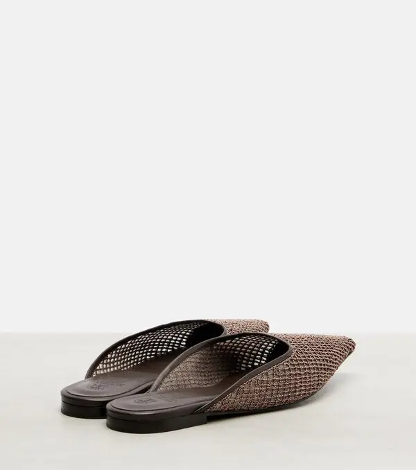 Brunello Cucinelli Monili Leather-trimmed Mules - Brown
