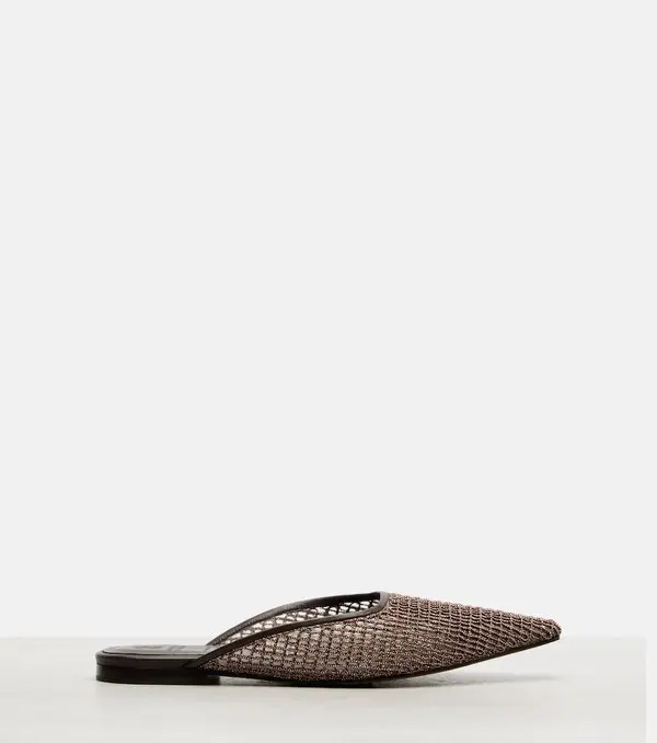 Brunello Cucinelli Monili Leather-trimmed Mules - Brown