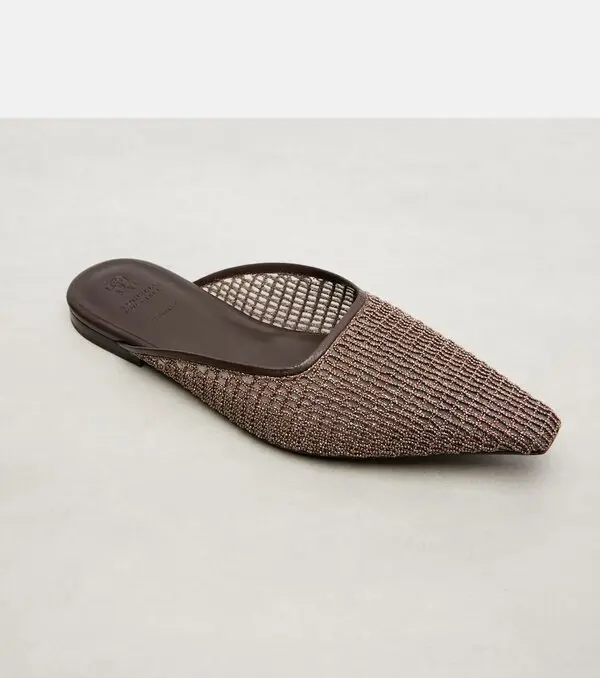 Brunello Cucinelli Monili Leather-trimmed Mules - Brown