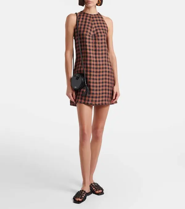 Asceno Antigua Gingham Linen Mini Dress - Brown