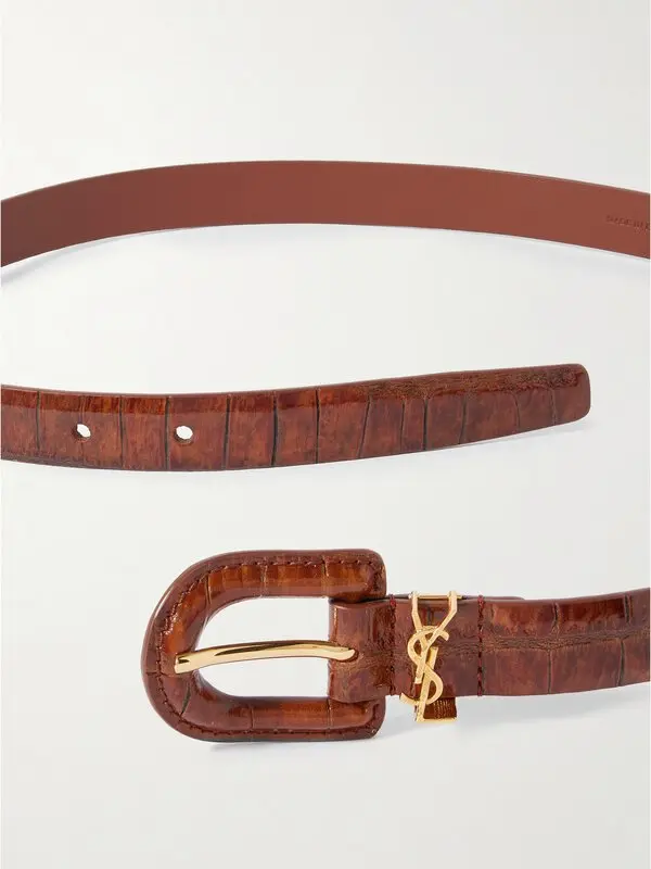 Saint Laurent Cassandre Croc-effect Leather Belt - Brown