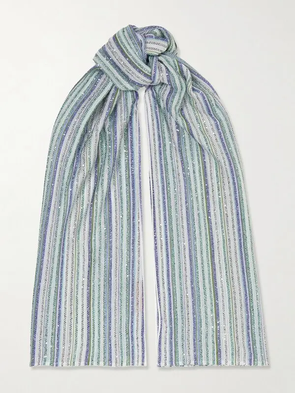 Missoni Sequin-trimmed Striped Crochet-knit Wrap - Blue