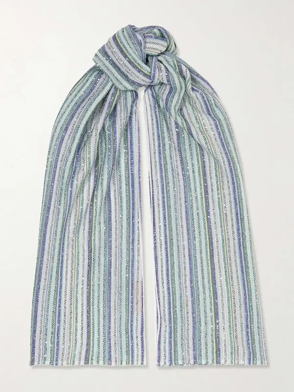 Missoni Sequin-trimmed Striped Crochet-knit Wrap - Light Blue