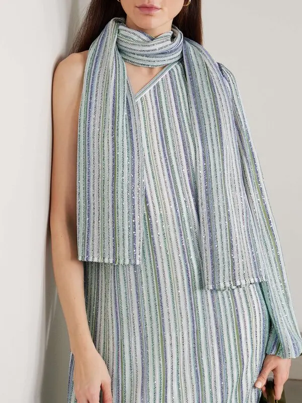 Missoni Sequin-trimmed Striped Crochet-knit Wrap - Light Blue