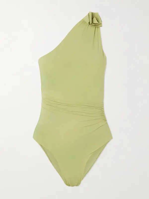 MAYGEL CORONEL Ecos One-shoulder Appliquéd Ruched Swimsuit - Green