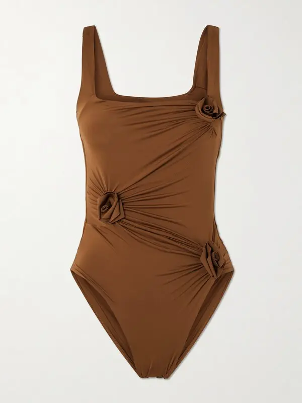 MAYGEL CORONEL Gemma Appliquéd Ruched Swimsuit - Brown