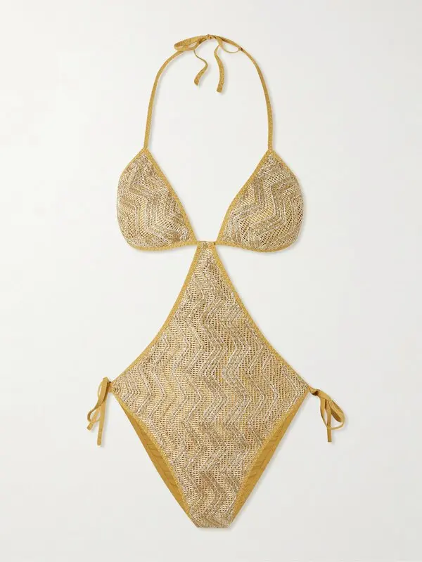 Missoni Mare Cutout Sequin-embellished Striped Metallic Crochet-knit Swimsuit - Gold