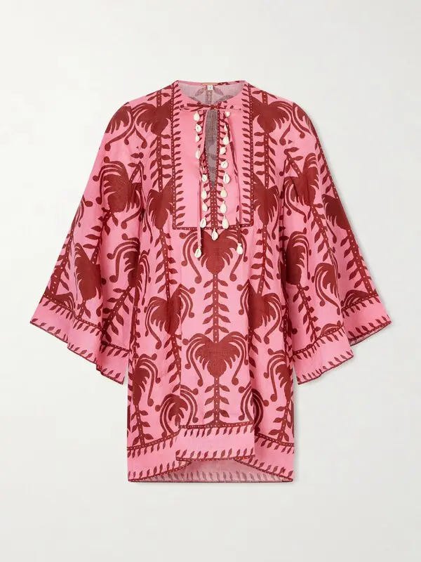Johanna Ortiz Wild Savannah Shell-embellished Linen Mini Dress - Pink