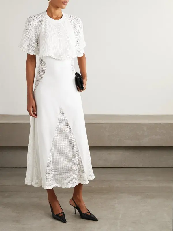 LANVIN Cape-effect Open-knit And Jersey Midi Dress - White
