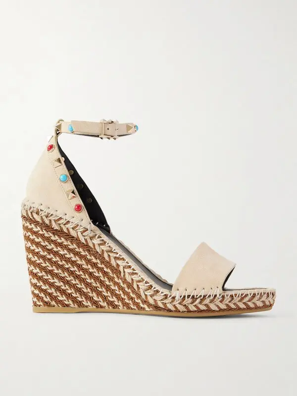 Valentino Garavani Rockstud 105 Bead-embellished Espadrille Wedge Sandals - Brown