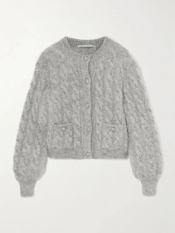 Alessandra Rich Cropped Sequin-embellished Cable-knit Cardigan - Gray