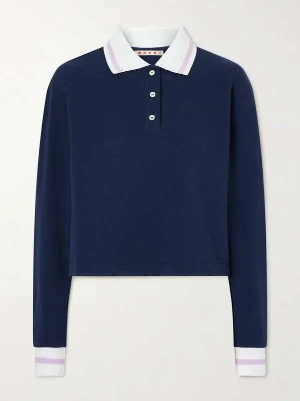Marni Striped Embroidered Cotton-piqué Polo Shirt - Blue
