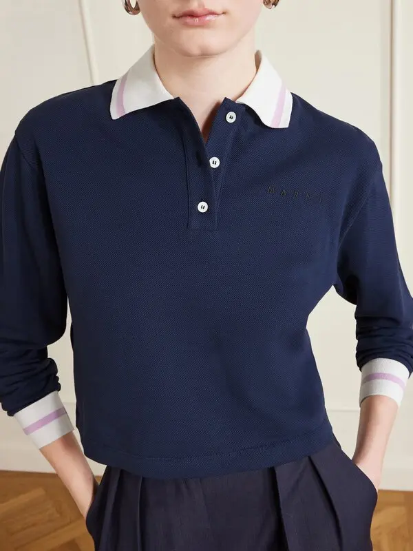 Marni Striped Embroidered Cotton-piqué Polo Shirt - Blue