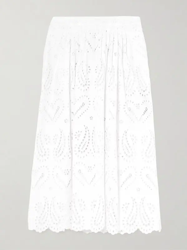 Etro Pleated Scalloped Broderie Anglaise Cotton-blend Poplin Midi Skirt - White