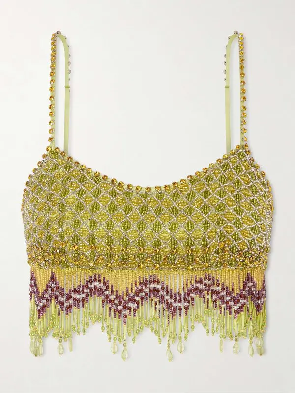 BODE Bottleglass Cropped Beaded Satin Top - Lime Green