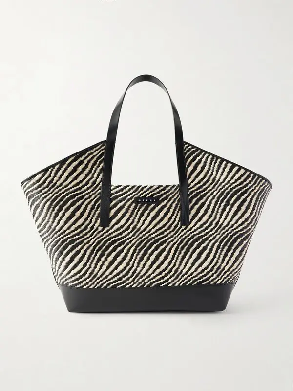 Marni Waves Leather-trimmed Jacquard Faux Raffia Tote - Black