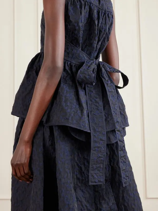 Cecilie Bahnsen Margueritte Embroidered Peplum Top - Navy