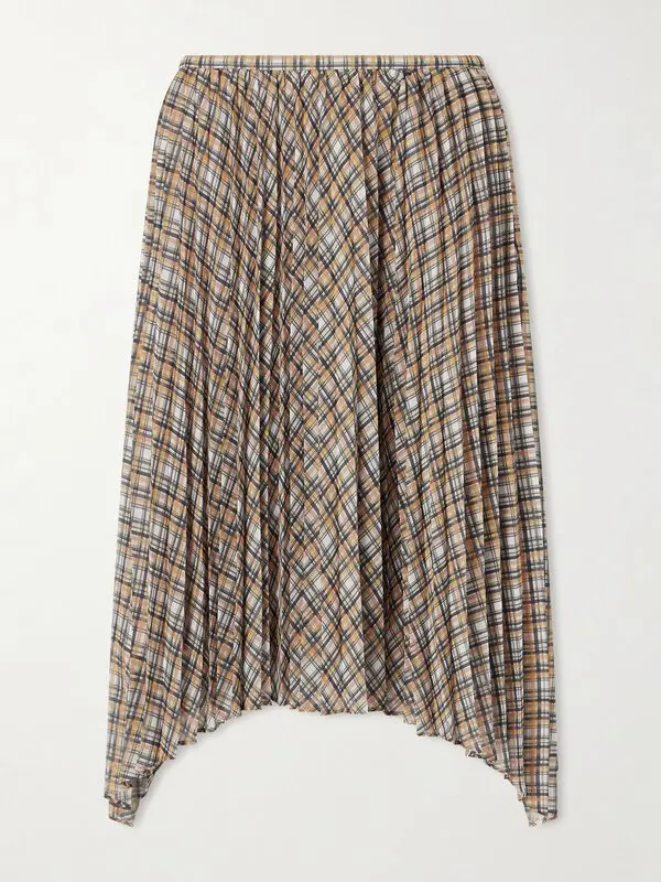 Acne Studios Asymmetric Pleated Checked Chiffon Midi Skirt