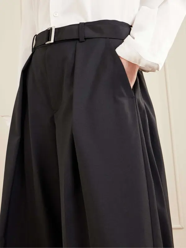 Sacai Belted Pleated Crepe Wide-leg Pants