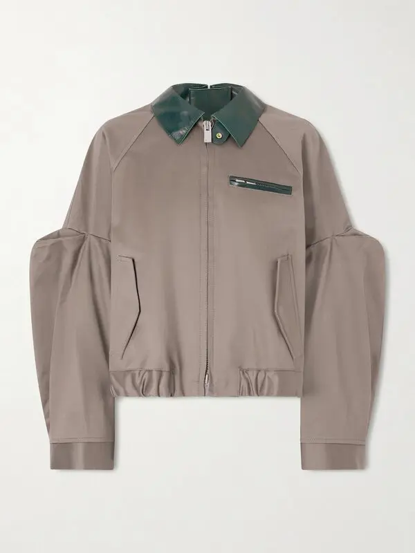 Sacai Pleated Leather-trimmed Cotton-twill Jacket - Brown