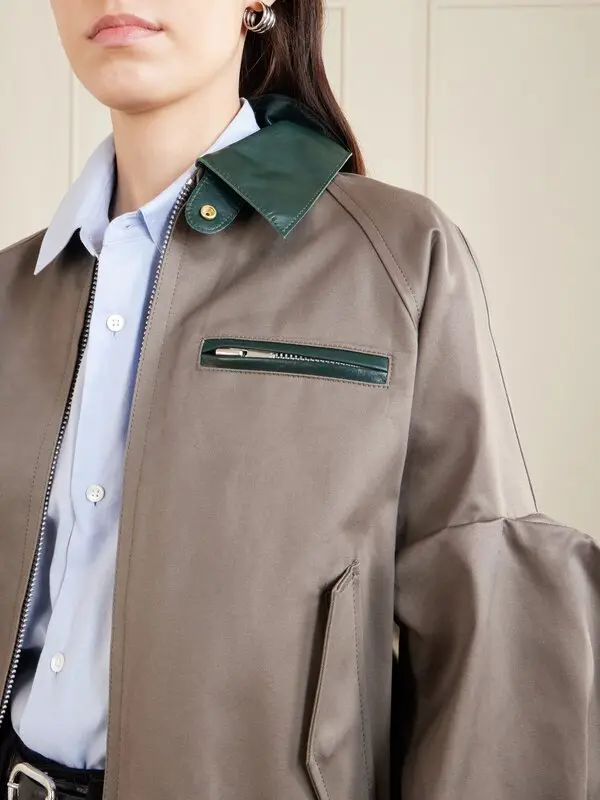 Sacai Pleated Leather-trimmed Cotton-twill Jacket - Brown