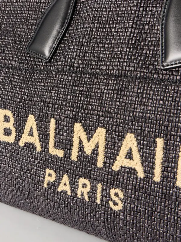 Balmain Track Leather-trimmed Raffia Tote