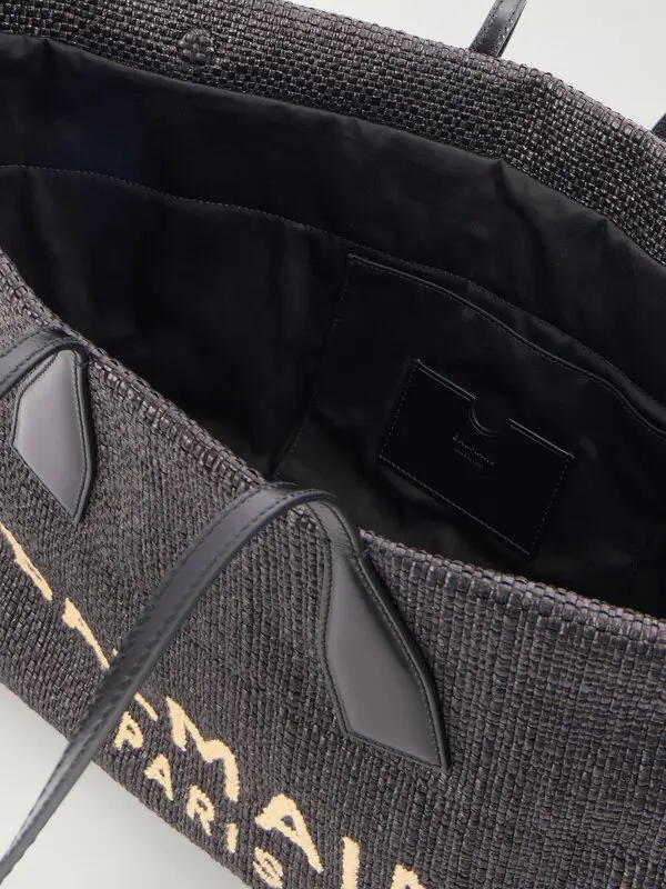 Balmain Track Leather-trimmed Raffia Tote
