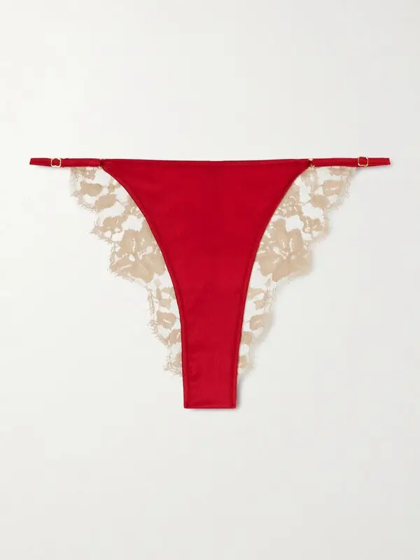 Kiki De Montparnasse Orchid Leavers Lace And Silk-blend Satin Briefs - Red