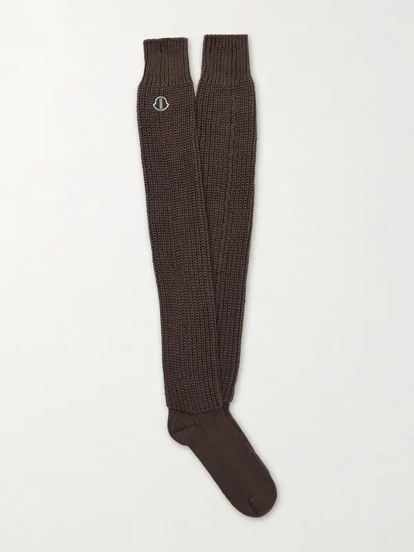 Rick Owens Moncler Logo-appliquéd Ribbed Cotton Socks - Brown