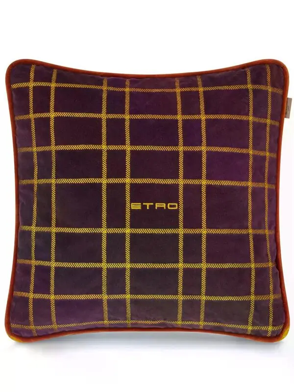 Etro Logo-embroidered Checked Velvet Cushion - Purple